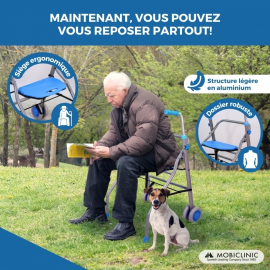 Déambulateur | Pliable | Aluminium et acier | Siège | 2 roues