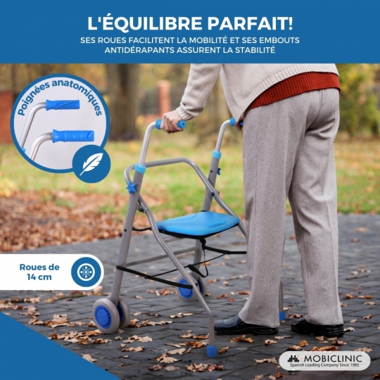 Déambulateur | Pliable | Aluminium et acier | Siège | 2 roues
